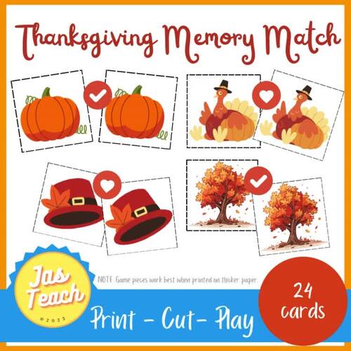 Thanksgiving Memory Match Game | Print - Cut - Play | 24 Cards by Jas Teach