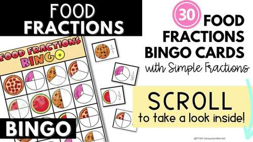 Food Fractions Bingo | Identifying Fractions | Math Center Beginning Simple