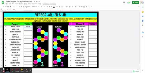AR, ER, & IR VERBS | DIGITAL TWO PLAYER GAME | SPANISH | TPT