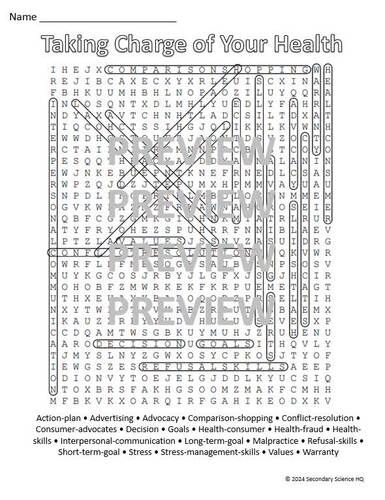 Taking Charge of Your Health Vocabulary Wordsearch Puzzle | TPT