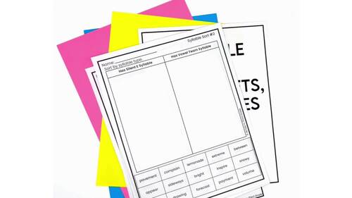 No Prep Syllable Type Sorts Worksheets and Games with Six Syllable Types