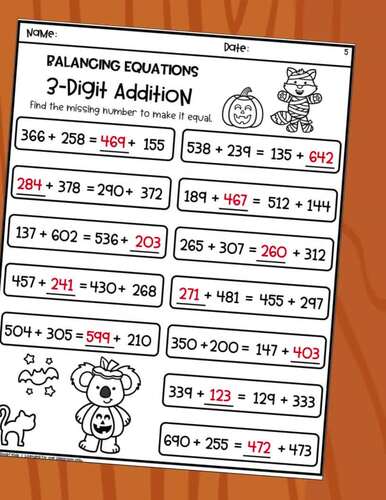 Halloween 3 Digit Addition Balancing Equations Missing Numbers Practice ...