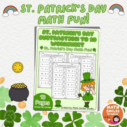 St. Patrick’s Day Subtraction to 10 Math Worksheets for Kindergarten ...