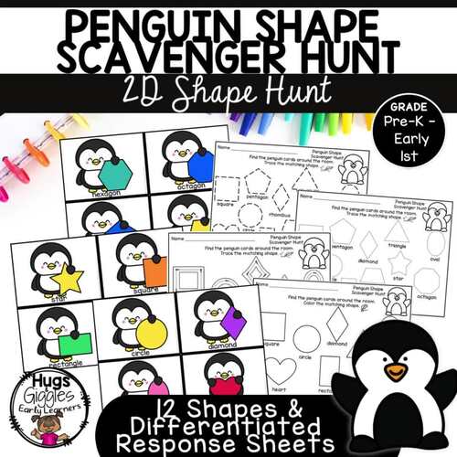 Penguin Shape Scavenger Hunt | Winter Math Center Pre-K - 1st | TPT