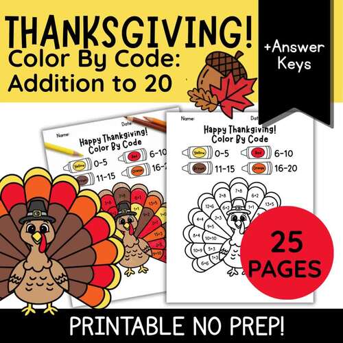 Thanksgiving Color By Code: Addition to 20 | Kindergarten and First Grade