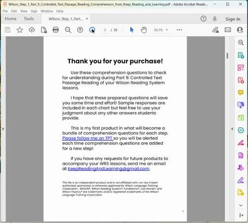 Step 1 Part 9 Comprehension Questions for Controlled Text Passage Reading