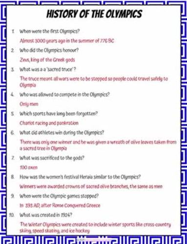 History of the Olympics Reading Comprehension Worksheets | TPT