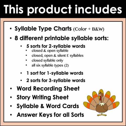 Thanksgiving Syllables Worksheets Sorting Word Building Activity