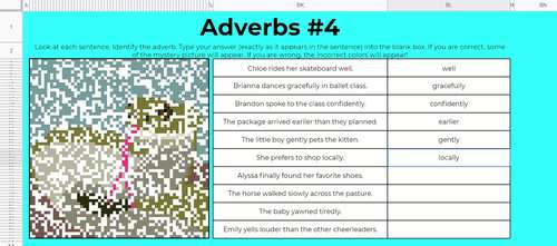 Adverbs Pixel Art Grammar Activities Digital Mystery Pictures | TPT