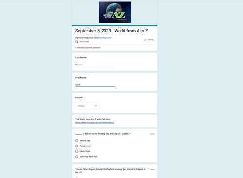 The World From A to Z | Daily News Quiz | Google Form | FULL YEAR 2025-2026