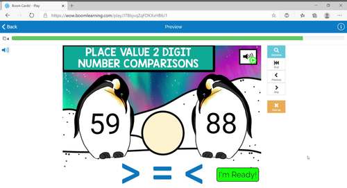 Place Value BOOM Cards Comparing 2 Digit Numbers Winter First Grade Math