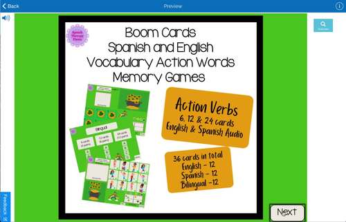 Boom Cards Spanish and English Vocabulary Actions Words Memory Games