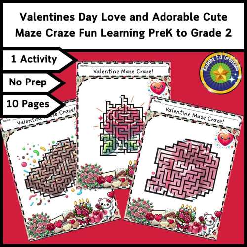 Valentines Day Love and Adorable Cute Maze Craze Fun Learning PreK to ...