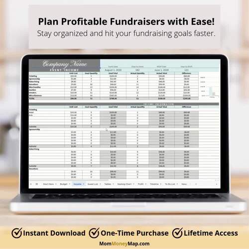 Fundraiser Event Planner Google Sheets Spreadsheet - Blue by Mom Money Map