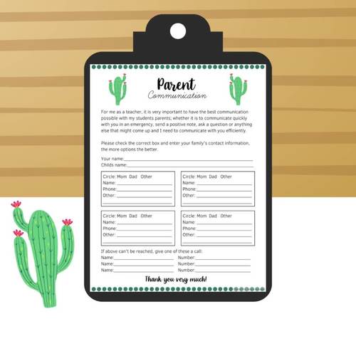 EDITABLE Parent Communication Log Cactus Theme - Teacher Forms | TPT