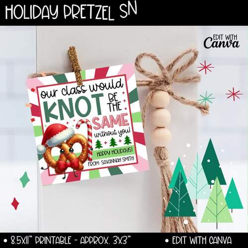 Pretzel Non Candy Class Treat Gift Tags Teacher, Team Snack Christmas Party