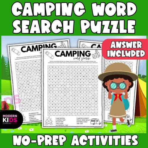 No-Prep Camping Word Search Puzzle Worksheets with Answers | TPT