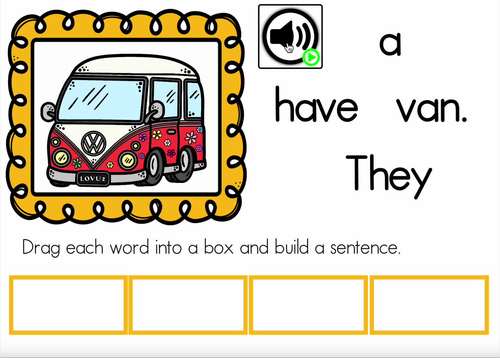 Decodable Phrases Sentence Building - CVC Short Vowel Words BOOM CARDS