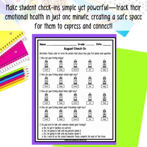Daily Emotional Check In Forms | Mental Health Check In | Elementary
