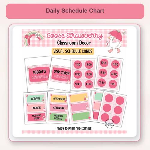 Editable Class Daily Schedule Cards Goose Strawberry Decor Visual Chart ...