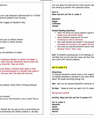 Macbeth Act 5 Detailed Lesson Plans & Student Worksheets | TPT