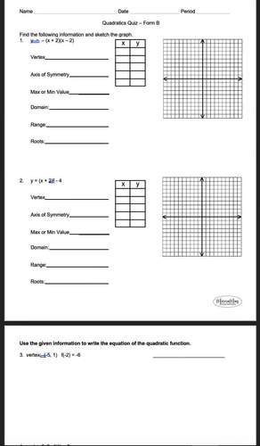 Algebra - Quadratics Unit Quiz (Three Quiz Forms: A,B, & C) | TPT