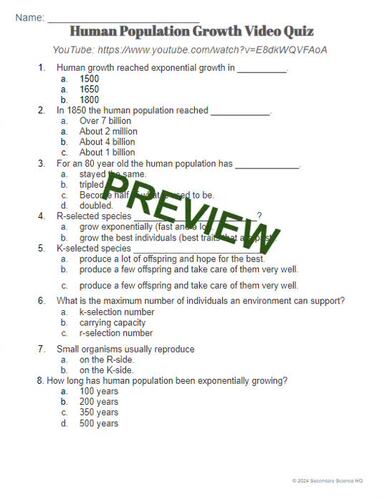 Human Population Growth Video Quiz | Junior High Science | Early Finishers