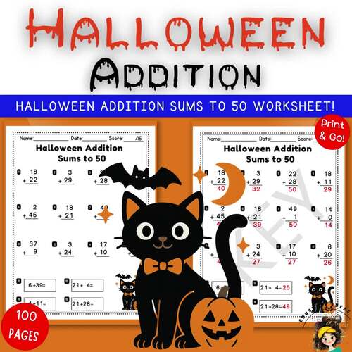 Halloween Addition Worksheets | Sums to 50 | No-Prep Math Practice ...