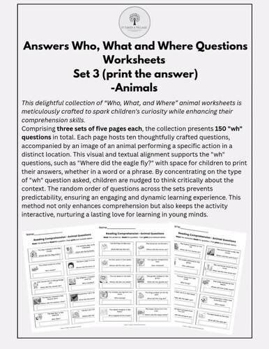 Answers Wh Questions Worksheets about Animals -set 3 | TPT