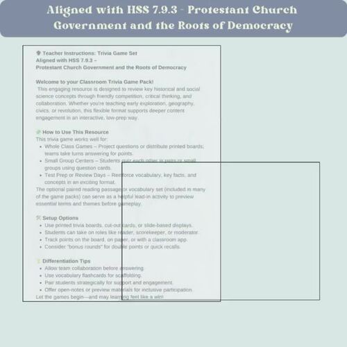 Protestant Practices and the Birth of Democracy Trivia Game — HSS 7.9.3