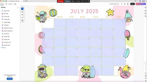Editable 2025 July Monthly Calendar: Fillable with Acrobat Reader