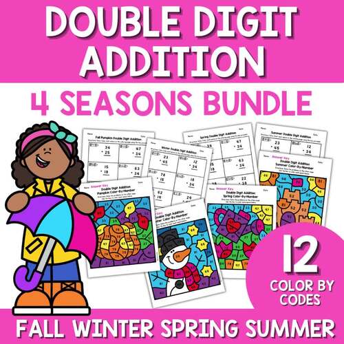 Double Digit Addition with Regrouping Color by Number Code 4 Seasons 2 ...