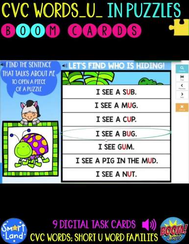 CVC words_short U_in PUZZLES| Boom Cards™ by Smart Land Printables