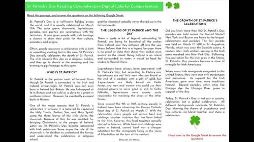 St. Patrick's Day Reading Comprehension Digital Color by Number 6th 7th ...