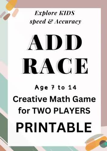 Math Game Printable, Addition Game, Add Race 2 Players Game 20 sheets