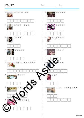Vocabulary Worksheets Cards Crossword Word Search Anagram PARTY by ...