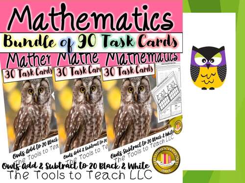 Bundle 90 Owls Add and Subtract to 20 Task Card Tens Frames Black and White