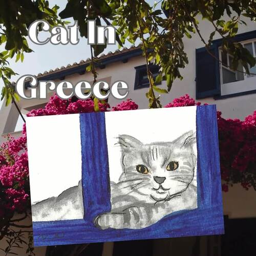 Cat In Greece Cute Whimsical Watercolor Classroom Decor, Clip Art