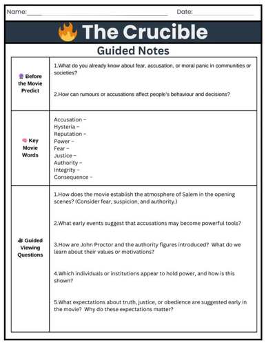 The Crucible | Guided Movie Notes & Critical Thinking No Prep & Editable