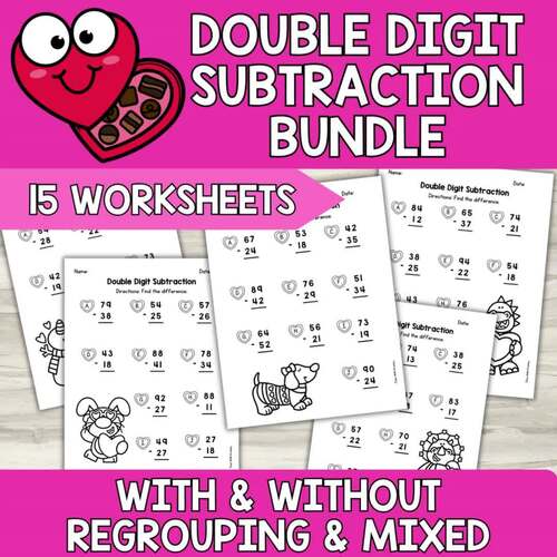 Valentine's Day Double Digit Subtraction Bundle | With & Without ...