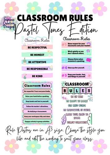Classroom Rules Posters - Pastel Tones (PDF and Editable Canva Version)