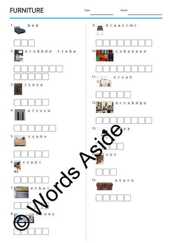 Vocabulary Worksheets Cards Crossword Word Search Anagram FURNITURE