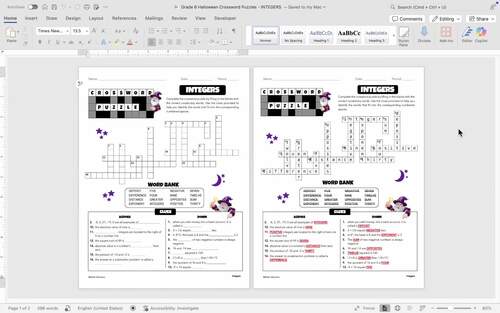 6th/7th Grade Math Sub Plans Worksheets Halloween Crossword Puzzle
