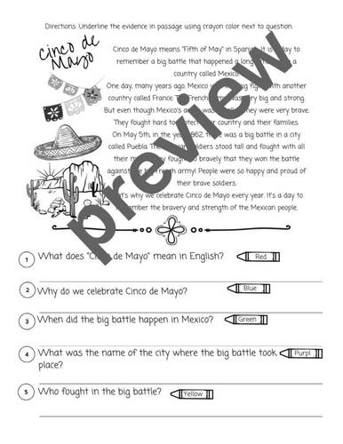 Cinco de Mayo Comprehension Finding Text Evidence Worksheet | Reading ...