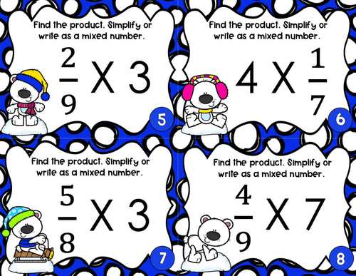 Multiplying Fractions by Whole Numbers Task Cards Winter Theme | TpT