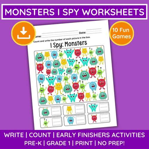 Halloween Monster I Spy Fun Worksheets Counting & Simple Math | Pre-K ...