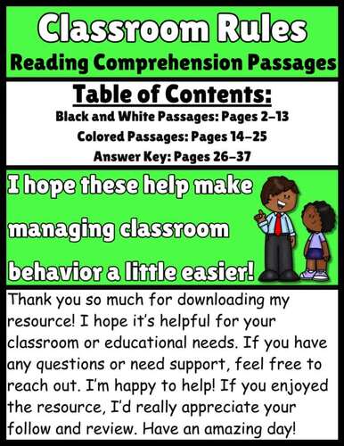 Classroom Rules & Expectations Reading Comprehension Passages K, 1st ...