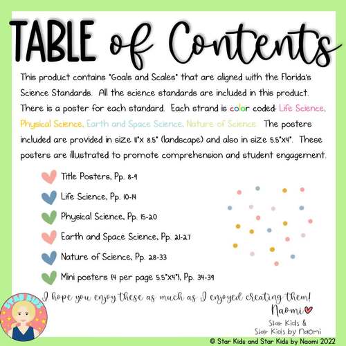 Florida Science Standards | GOALS AND SCALES | KINDERGARTEN - Editable