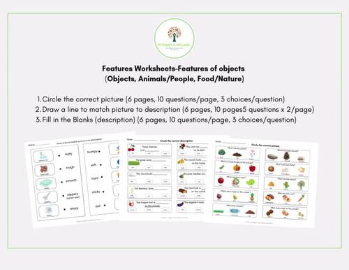 Features Flashcards and Worksheets BUNDLE set (ABLLS-R aligned C38, G12)