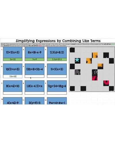 Simplifying Expressions by Combining Like Terms- Mystery Picture Puzzle